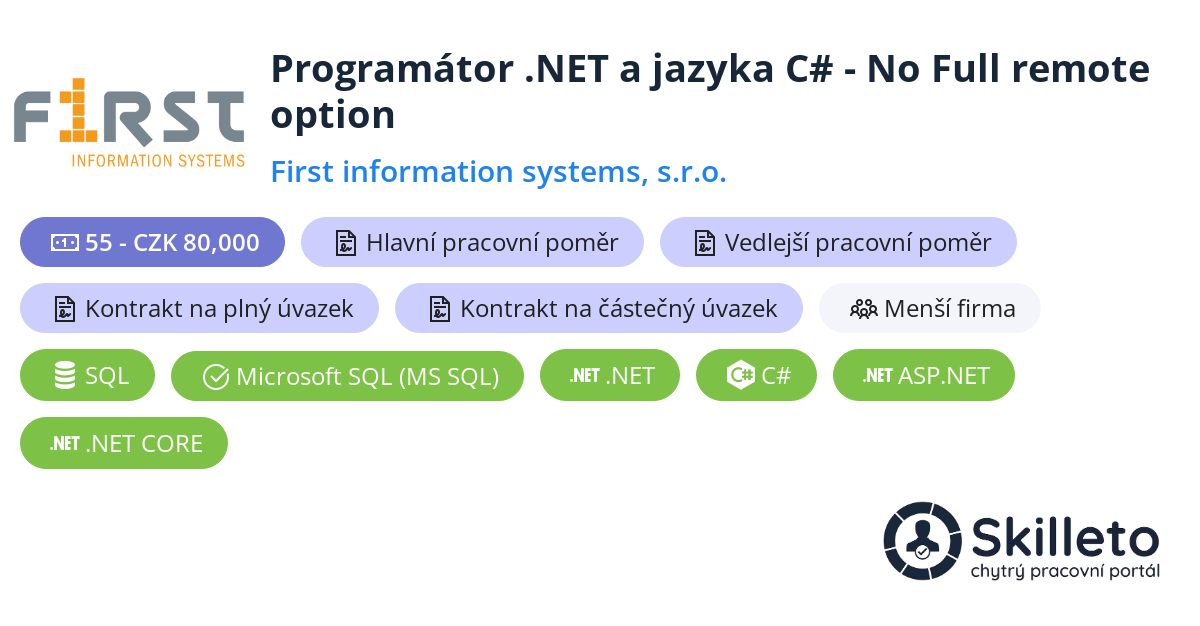 Programátor .NET a jazyka C# - No Full remote option | 55 - CZK 80,000 ...
