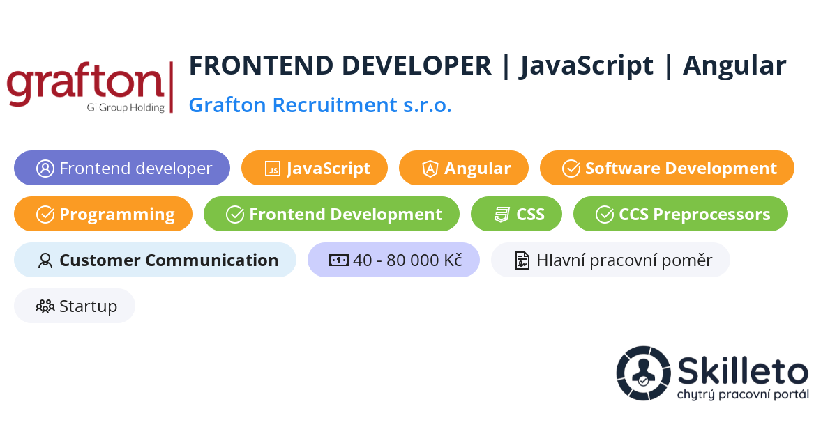 Frontend Developer Javascript Angular 40 80 000 Kč Grafton Recruitment Sro