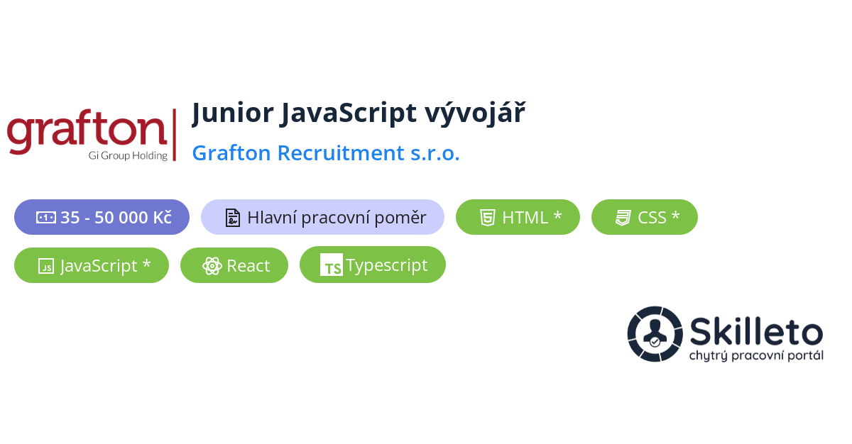 Junior JavaScript vývojář | 35 - CZK 50,000 | Grafton Recruitment s.r.o.