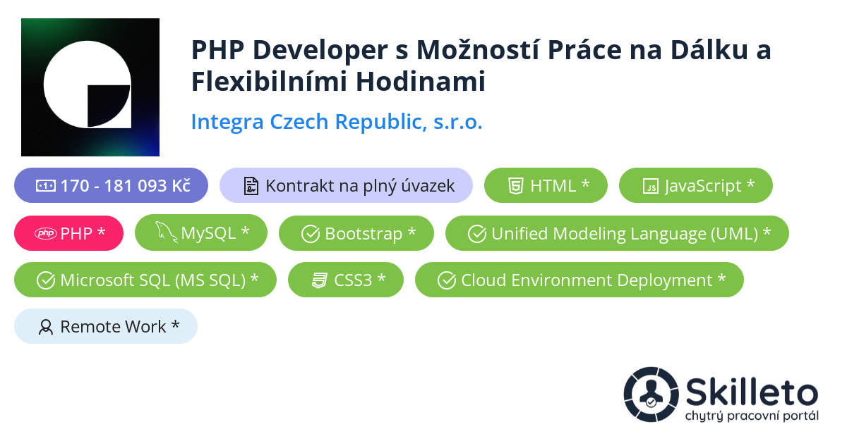 PHP Developer with Remote Work Option and Flexible Hours | CZK 170 - 181,277 | Integra Czech ...