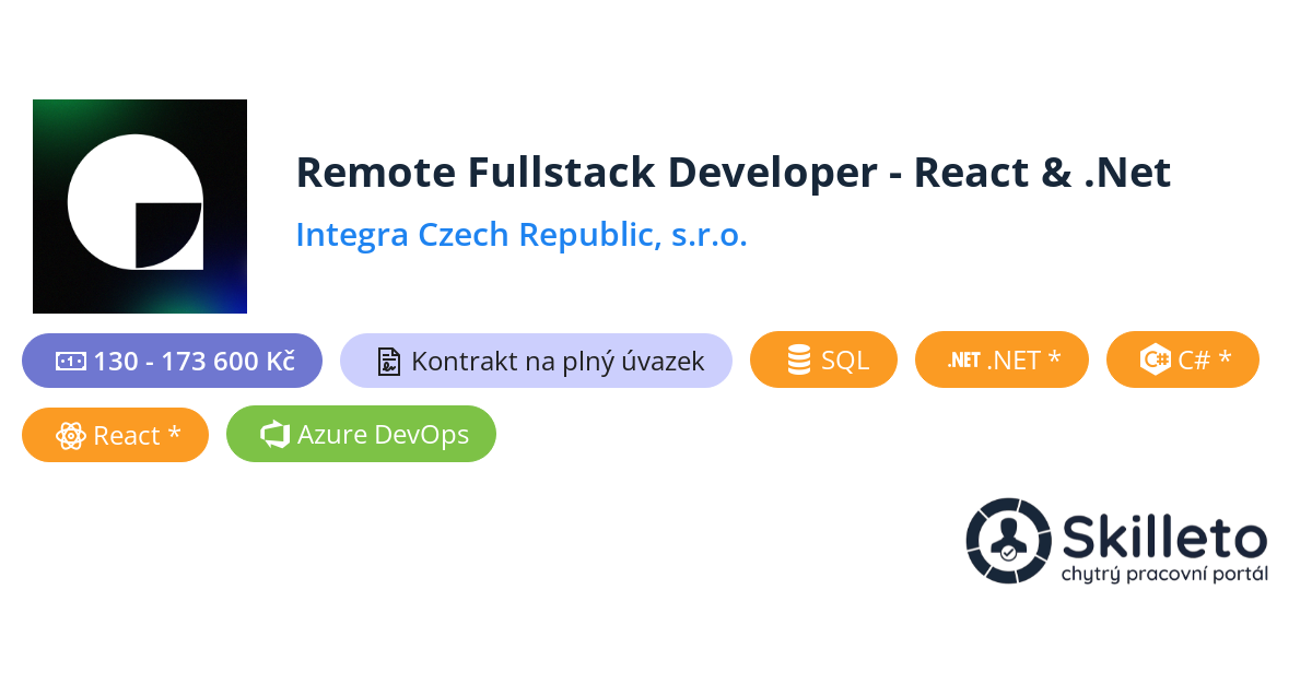 Remote Fullstack Developer - React & .Net | Integra Czech Republic, s.r.o.