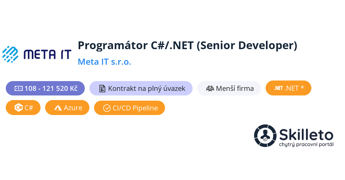 Programátor C#/.NET (Senior Developer) | 108 - CZK 121,520 | Meta IT s.r.o.